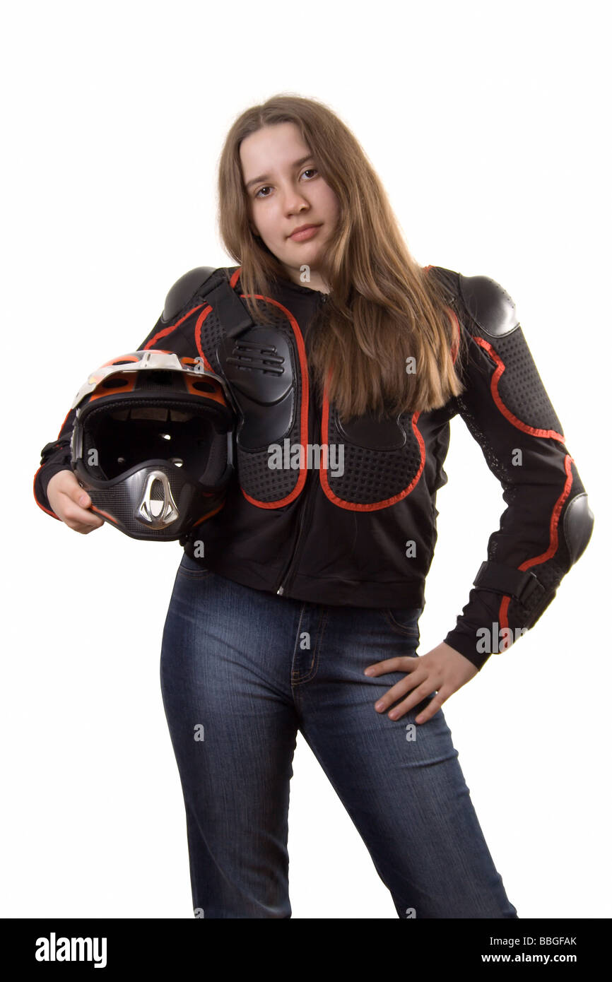 Extream girl in body armour with full face helmet isolated Stock Photo ...