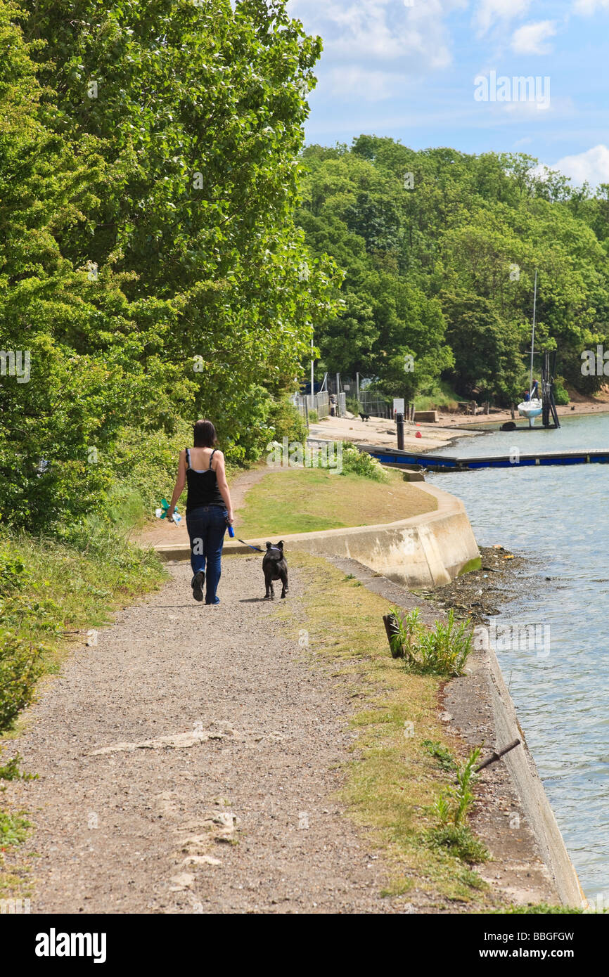 A young woman walks her dog along the Saxon Shore Way at Upnor Kent UK ...