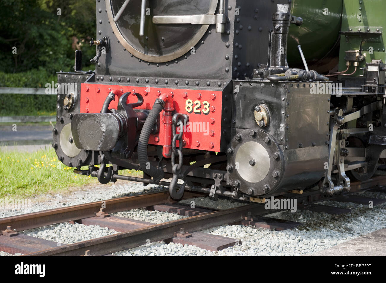 Close-up of front buffer zone of The Countess steam engine on narrow ...