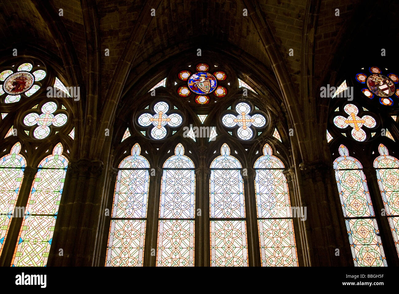 Stained Glass Windows in the Cloister of the Style Gothic Cathedral of ...