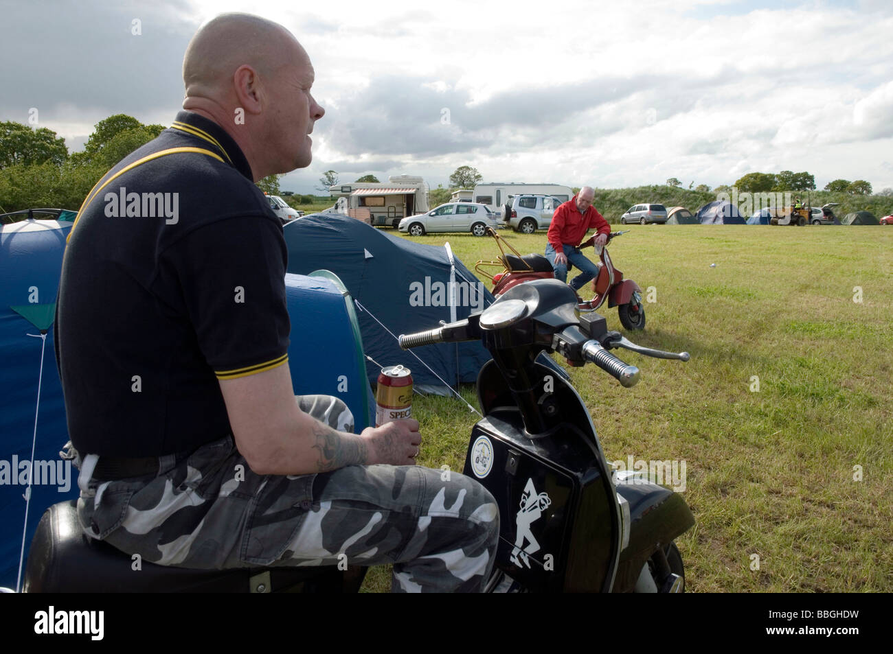 Skinheads on scooters in festival campsite at the Northern Soul Stock ...