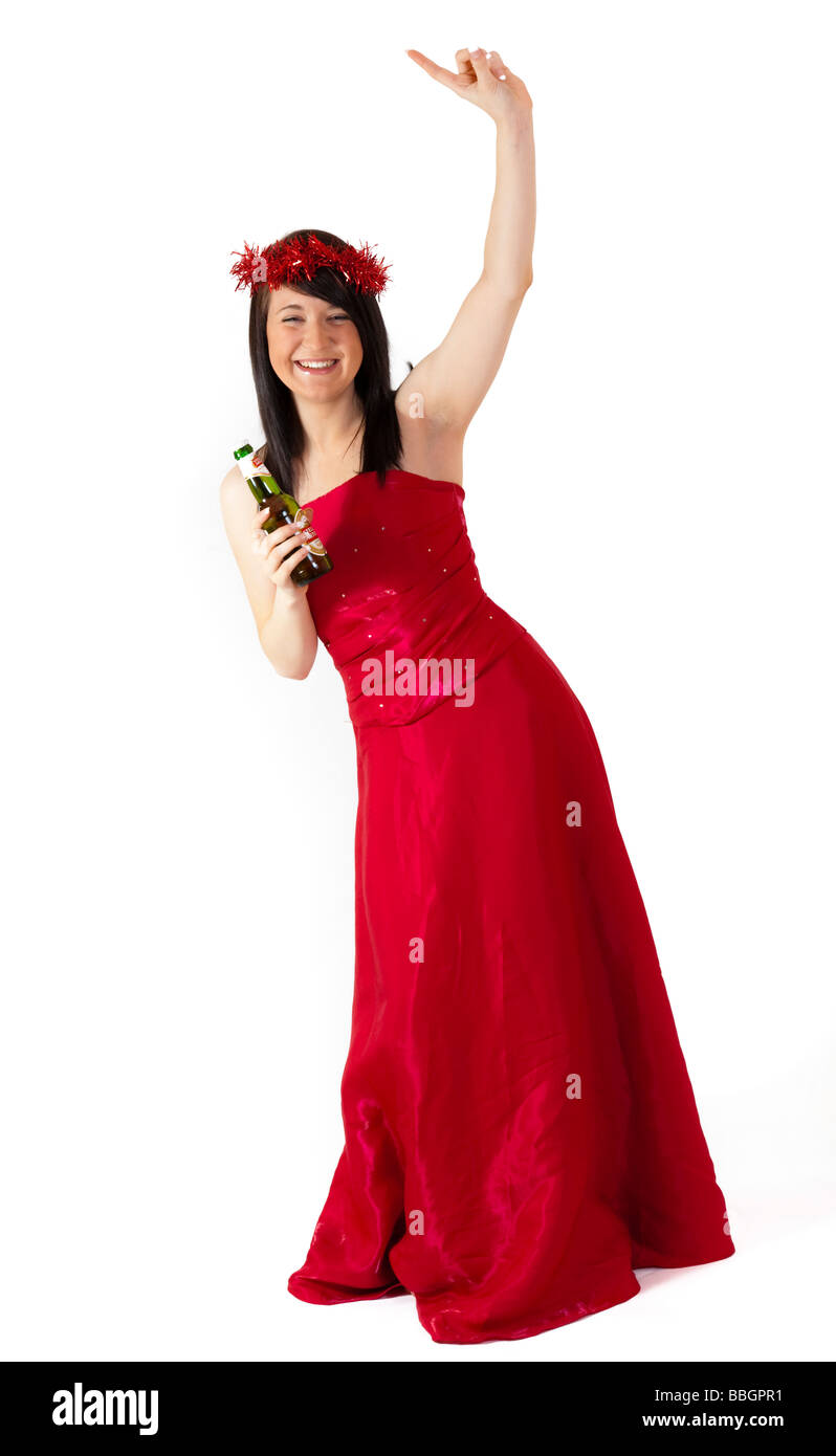 Attractive young brunette woman partying in a red dress Stock Photo - Alamy