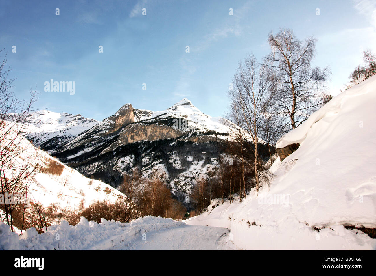 France;Pyrenees;Valley of Ossous,in winter snow with mountain Pimene ...