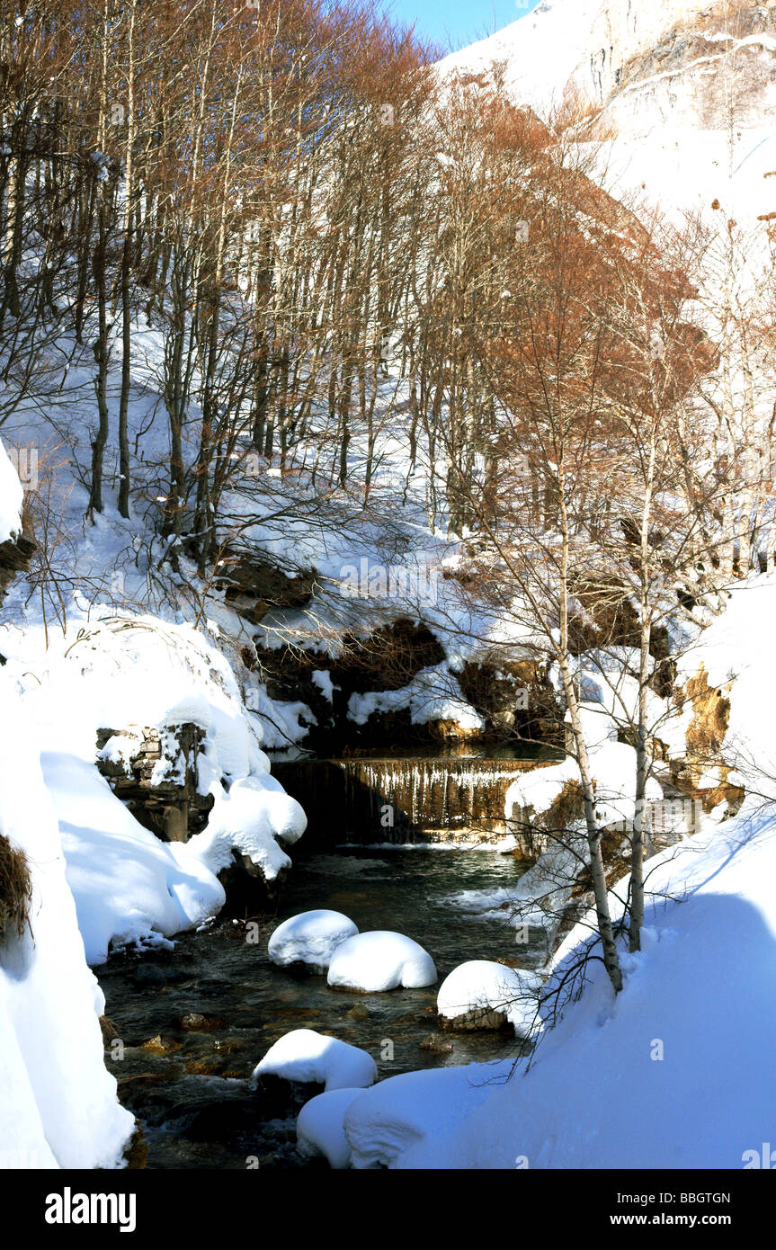 France;Pyrenees;Waterfall with snow in the Valley of Ossous;Gavarnie ...