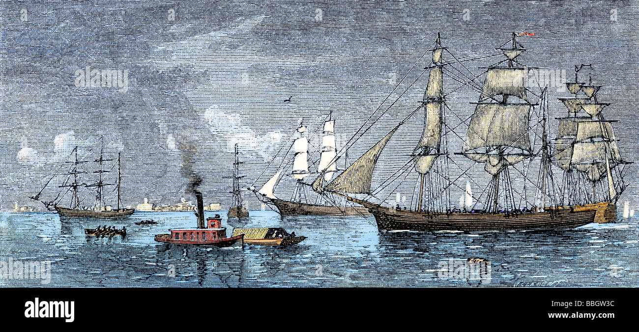 Galveston bar and roadstead on the Gulf Coast 1870s. Hand-colored ...