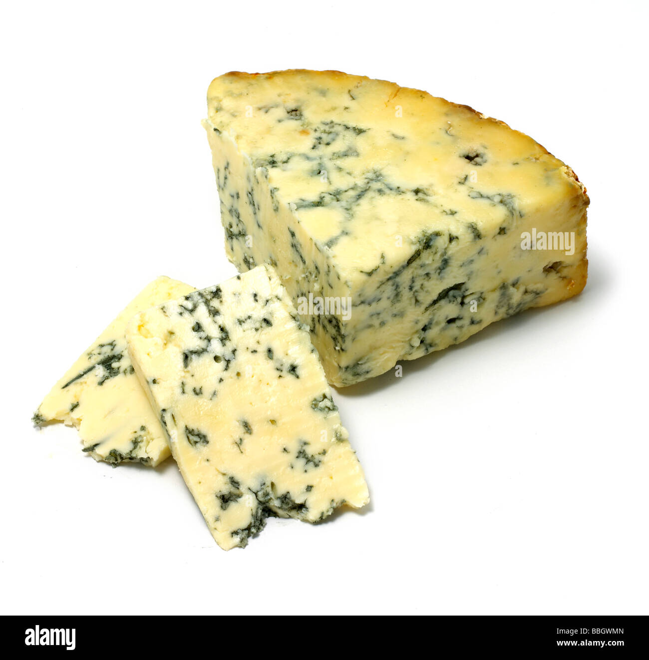 Stilton cheese wedge and slices cut out on a white background Stock ...