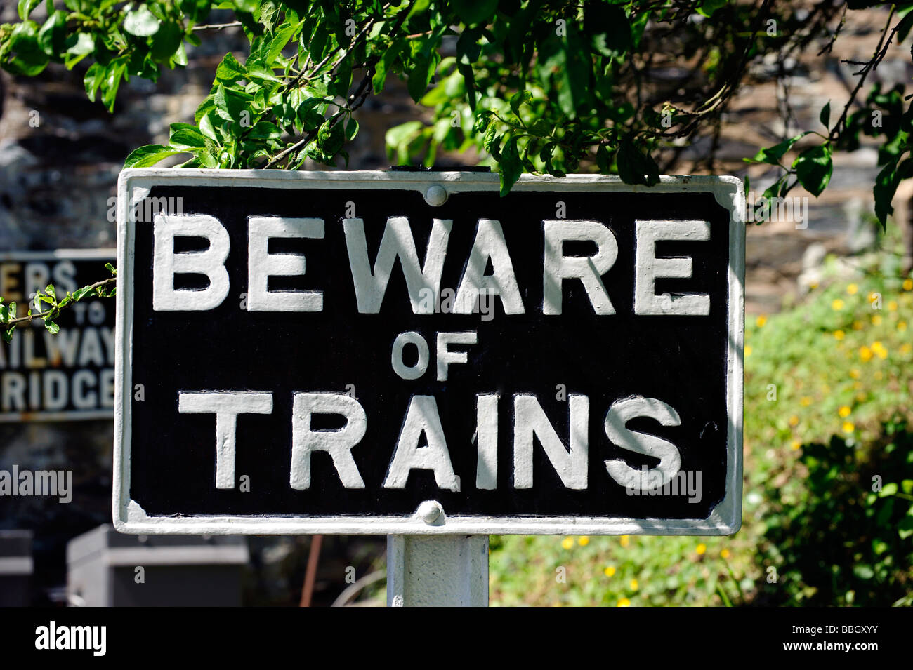 Beware of Trains sign at Carrog Railway Station on the Llangollen Steam ...