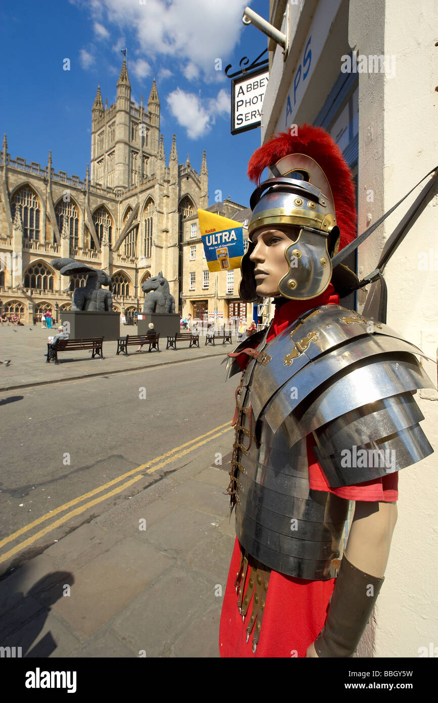 A mannequin dressed as roman soldier stands in front of Bath abbey in ...