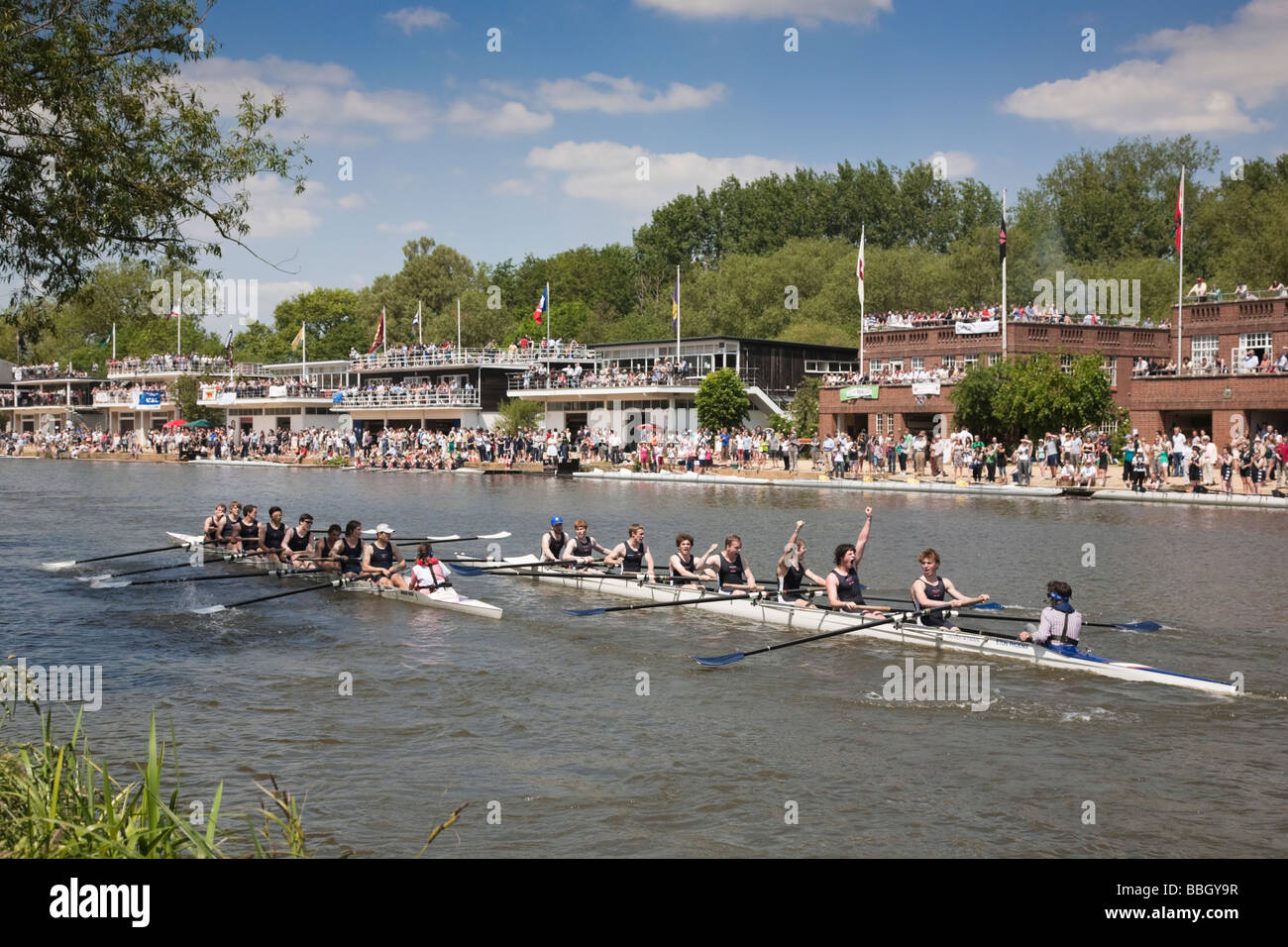 A college rowing crew celebrate after bumping their rivals on the final ...