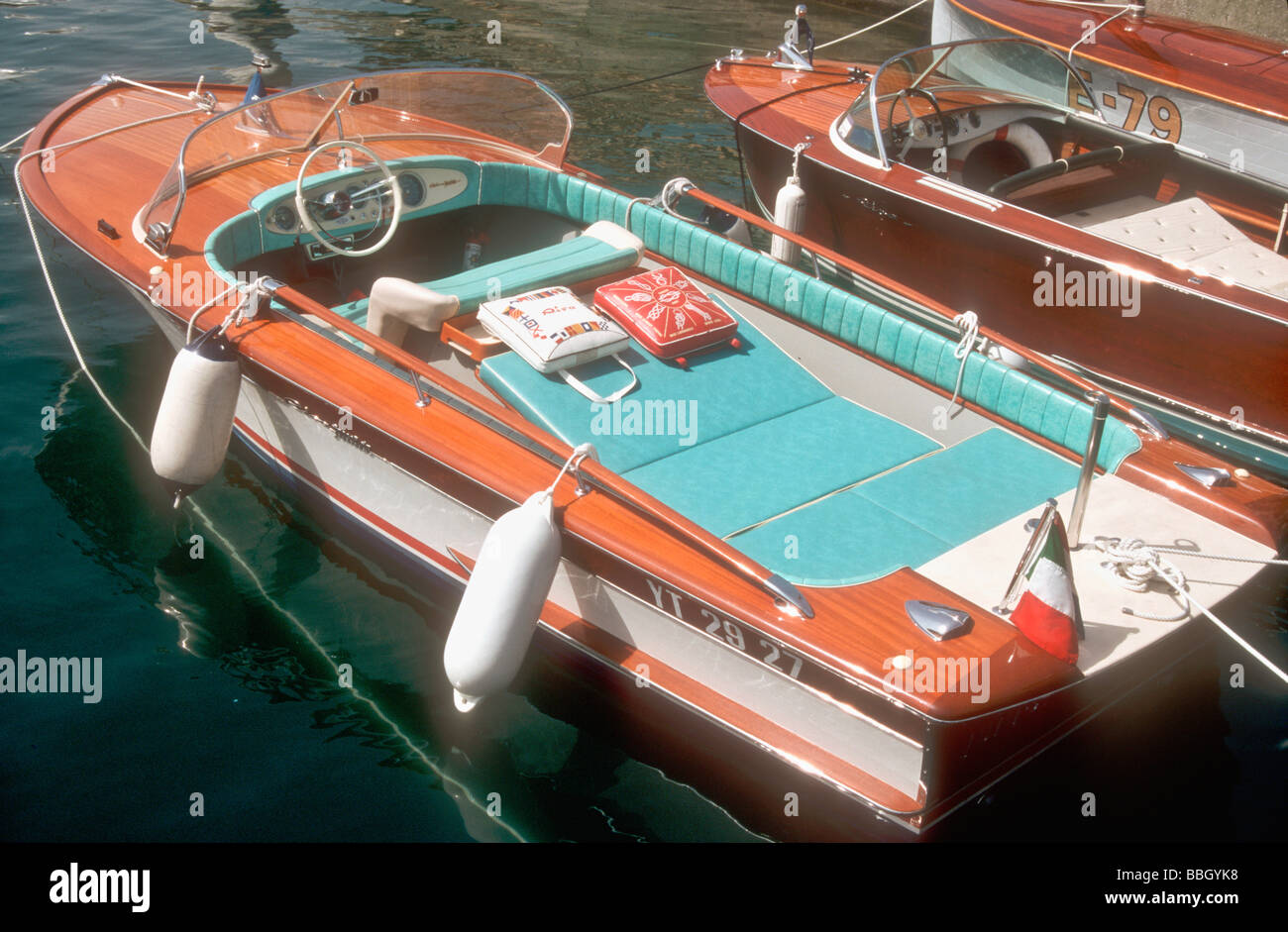 A Riva Junior runabout motorboat at Rapallo in the Gulf of Genova in ...