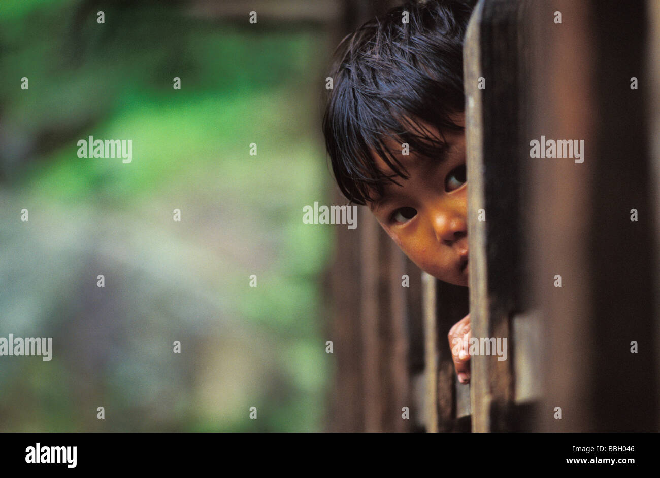 Young child looking from behind bars Stock Photo - Alamy