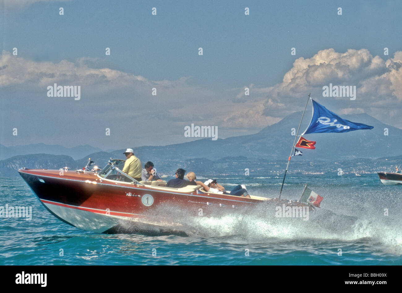 The 1969 Riva Super Aquarama runabout motorboat at Lake Garda Lombardy ...