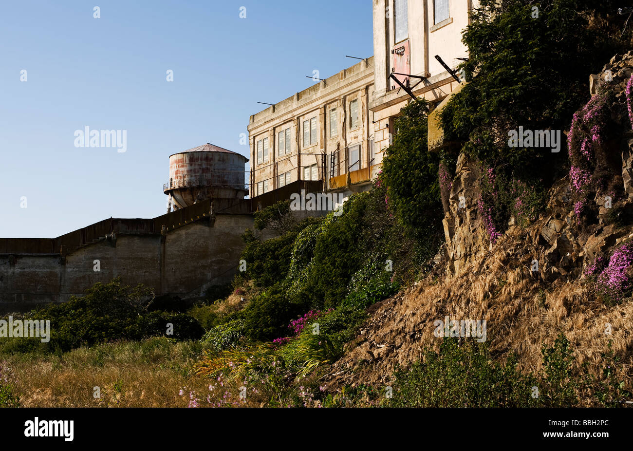 Alcatraz main cell building and water tower from the southeast side of ...