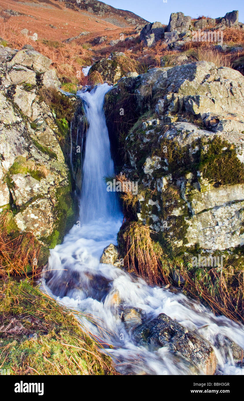 British winter landscape with waterfall Rannerdale Lake District ...