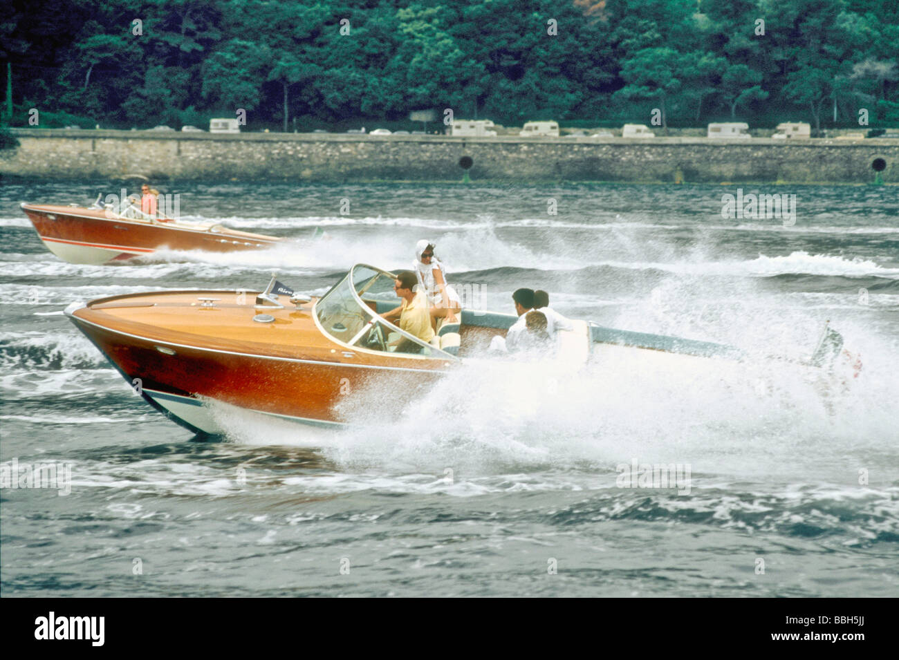 Riva Aquarama runabout motorboats at speed at Rapallo Gulf of Genova ...
