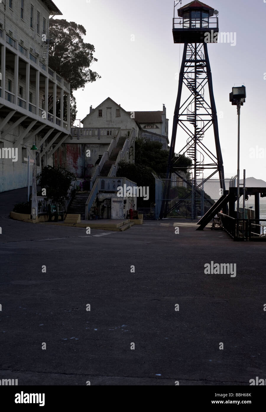 Alcatraz prison entry point and guard tower from the dock Stock Photo ...
