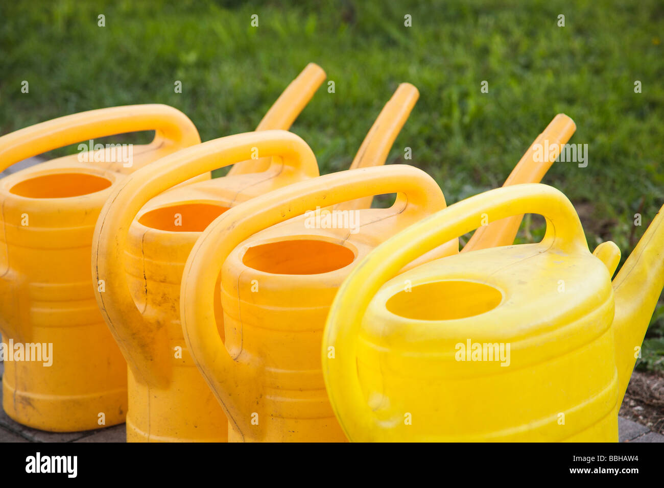 Yellow watering cans Stock Photo - Alamy