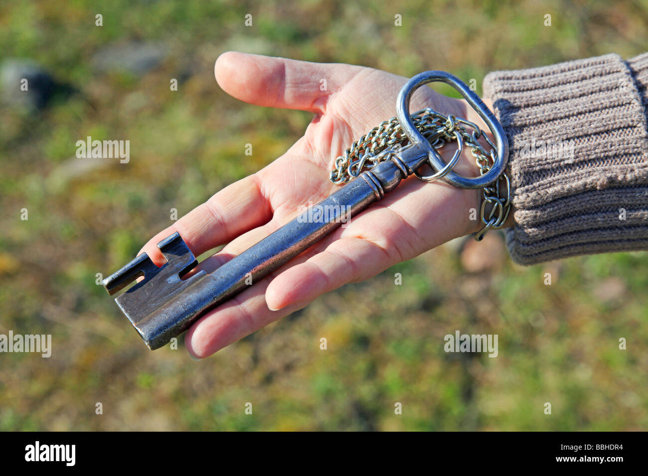 Hand holding large key Stock Photo - Alamy