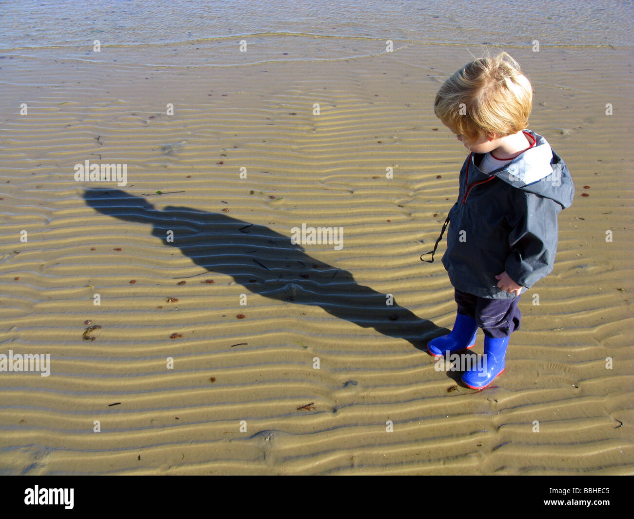 Boy alone on beach looking at his shadow Stock Photo - Alamy