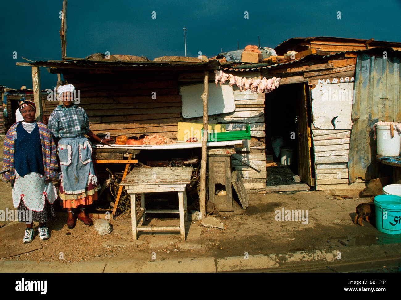 Women sell off cuts of meat from a stall in the informal settlement ...