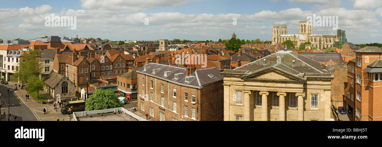 Panoramic city centre view across rooftops with York Minster in the ...