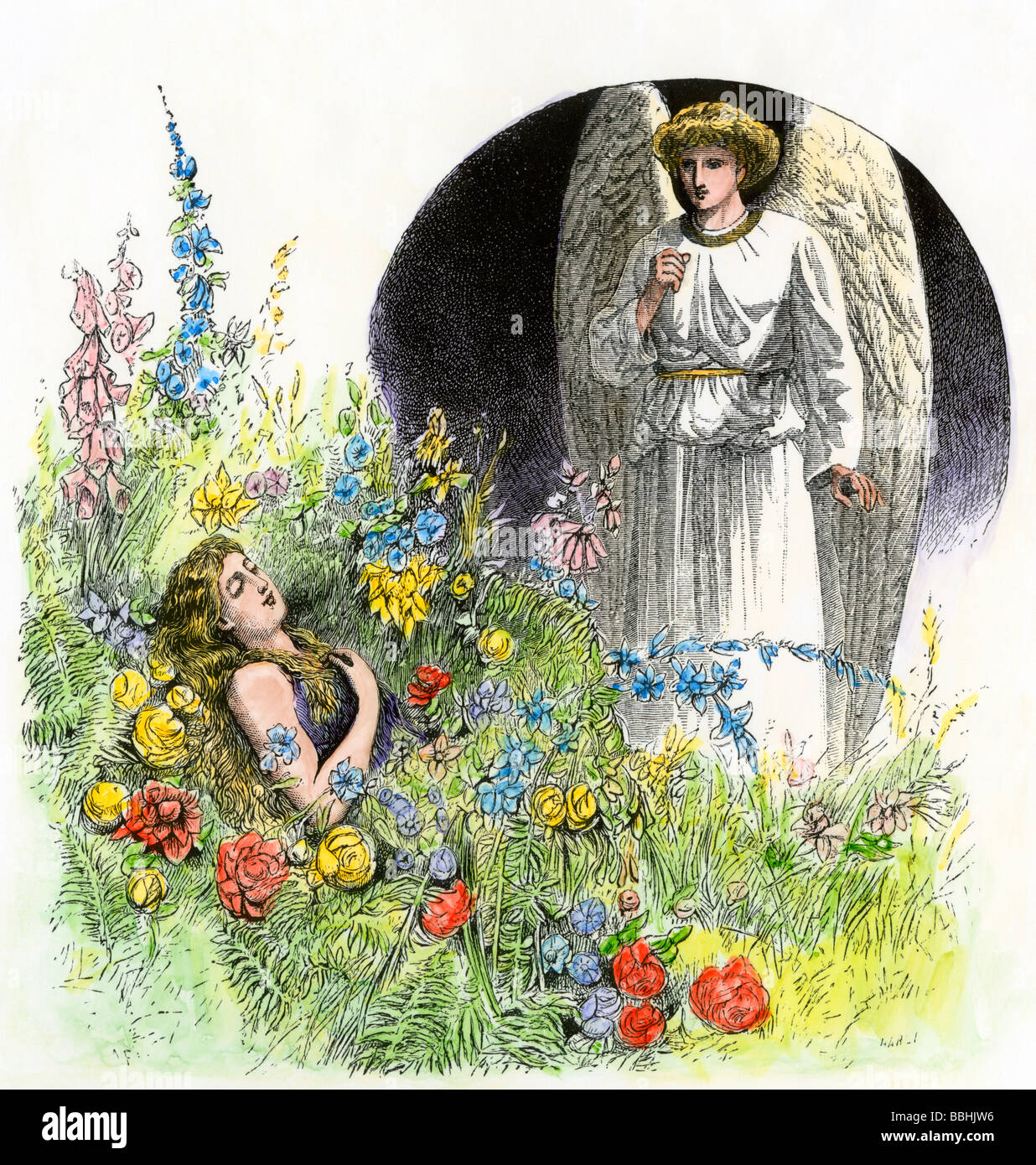 Guardian Angel watching over a sleeping girl. Hand-colored woodcut ...