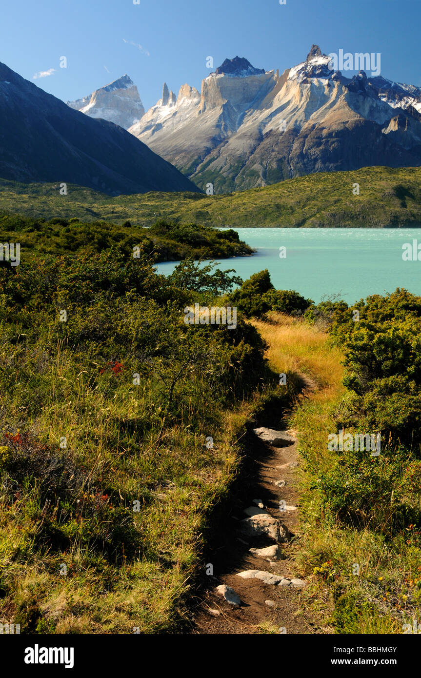 The Cuernos del Paine and Lagoe Pehoe in Torres del Paine Natinal Park ...
