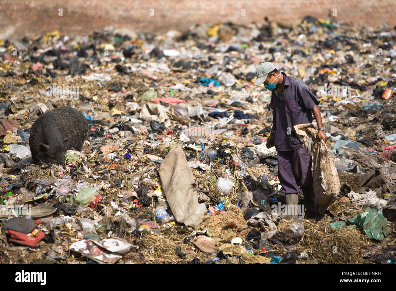 Ancient City of Bhaktapur, Nepal; Man picking through garbage dump ...