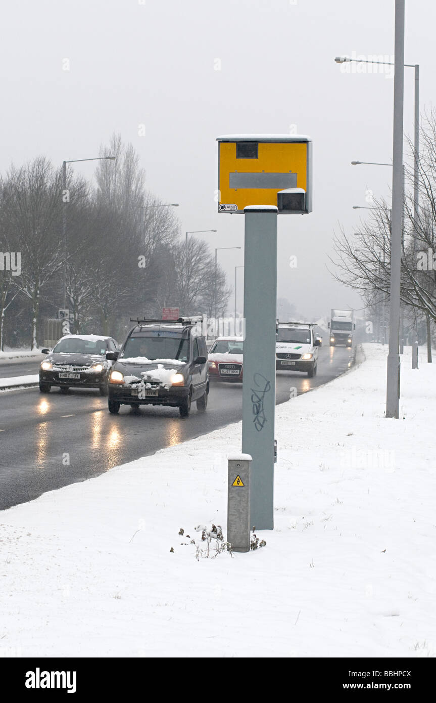 a speed camera on the wolverhampton new road in snow conditions Stock ...
