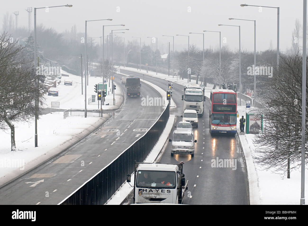 Wolverhampton new road in dudley during the snow with cars and bus's ...