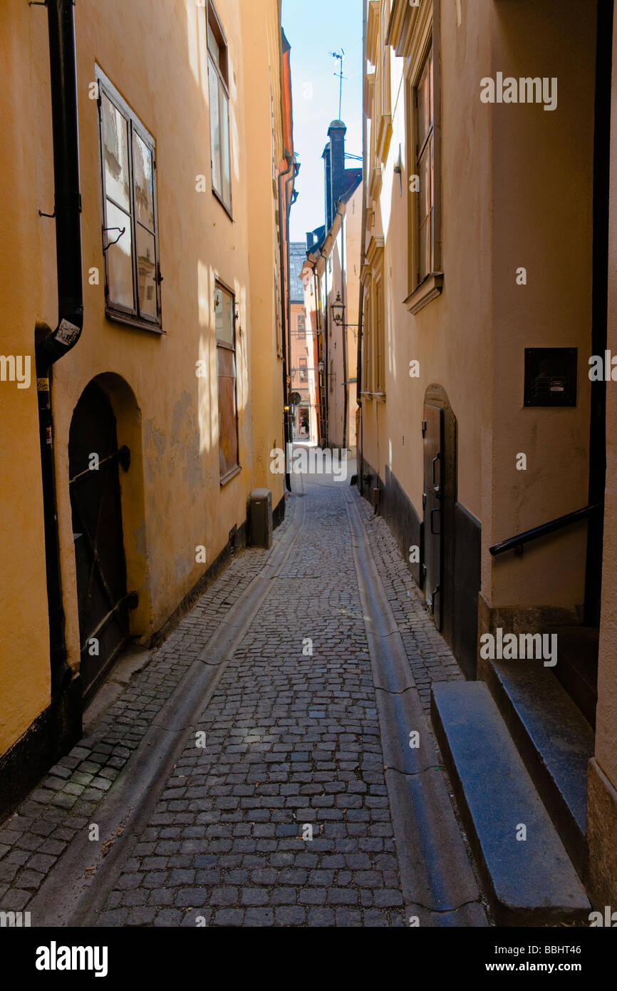 An typical narrow alley street paved with cobblestone in historical ...
