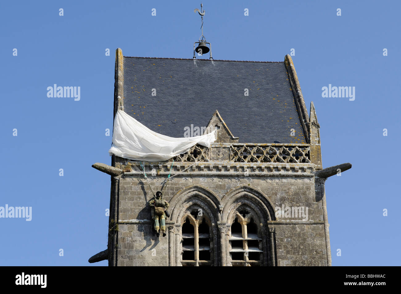D Day,parachutist John Steele on the church at Sainte-Mere-Eglise ...