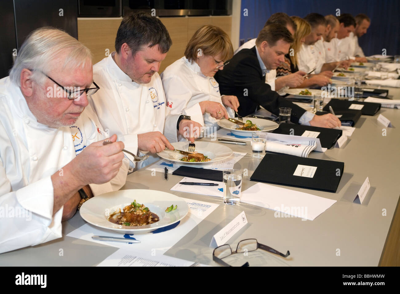 Panel of judges Food tasting during Swedish chef contest in Stock Photo ...