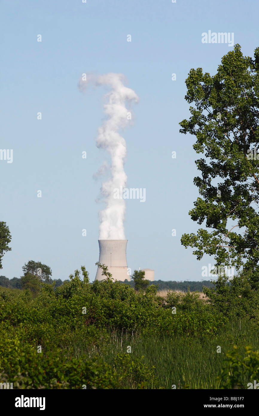Nuclear power plant chimney in the green nature sky nobody vertical ...