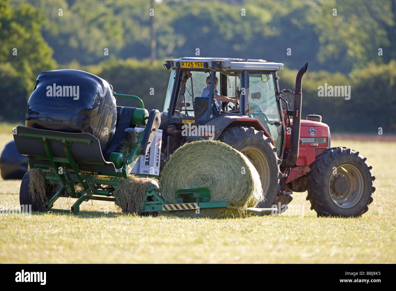 Tractor Wrapping Silage Bales Stock Photo - Alamy
