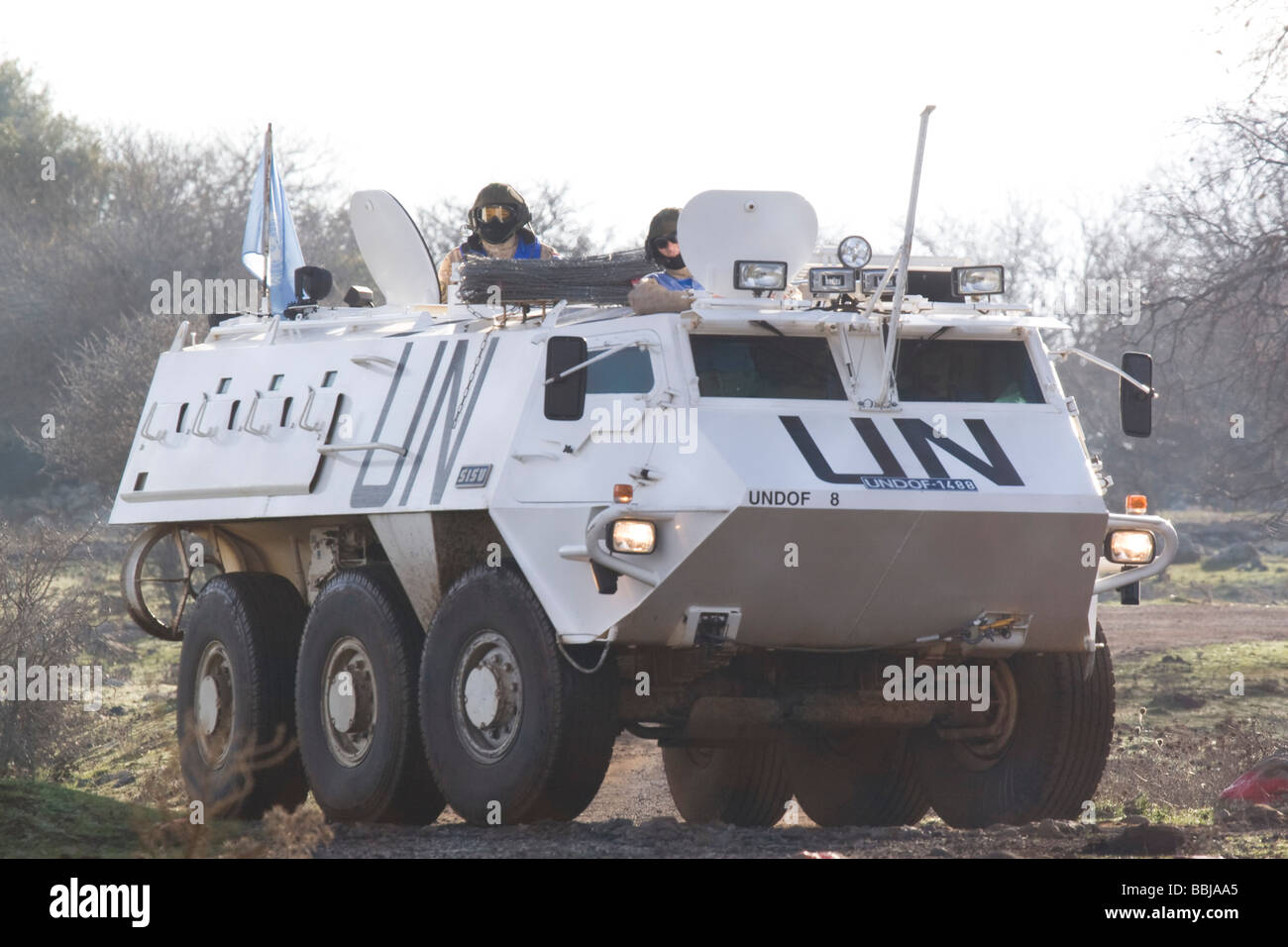 Israel Golan Heights A U N armored vehicle on the Israeli Syrian border ...