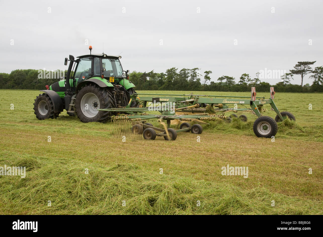Deutz tractor with silage rake making silage to feed dairy cows in the ...