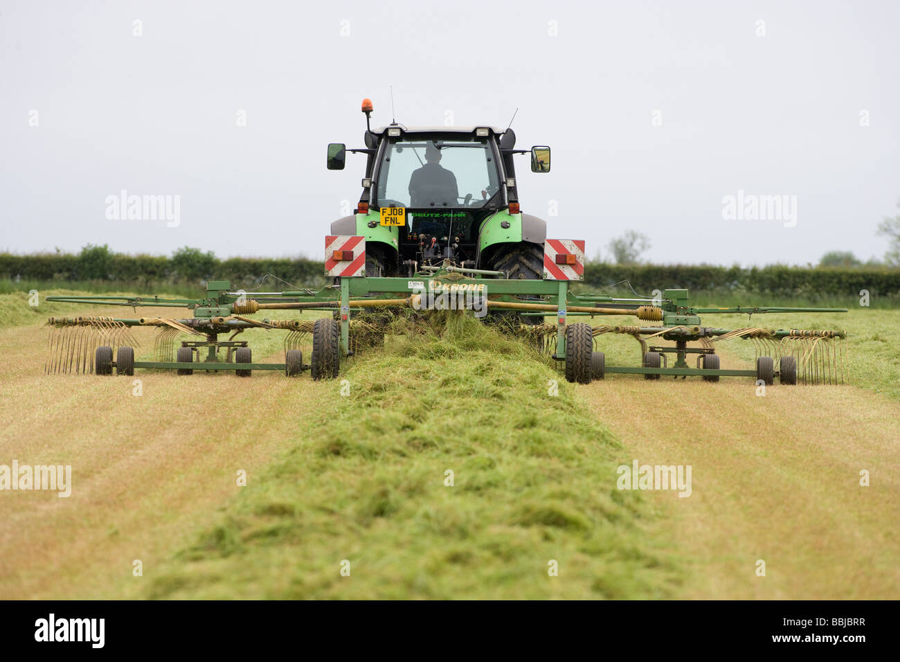 Deutz tractor with silage rake making silage to feed dairy cows in the ...
