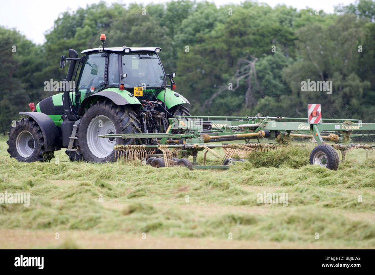 Deutz tractor with silage rake making silage to feed dairy cows in the ...