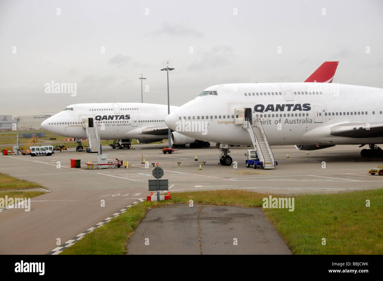 Two Boeing 747 aircraft of the Qantas fleet at London Heathrow airport ...