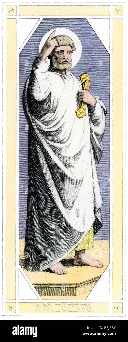 Saint Peter holding the keys to Heaven. Hand-colored engraving Stock ...