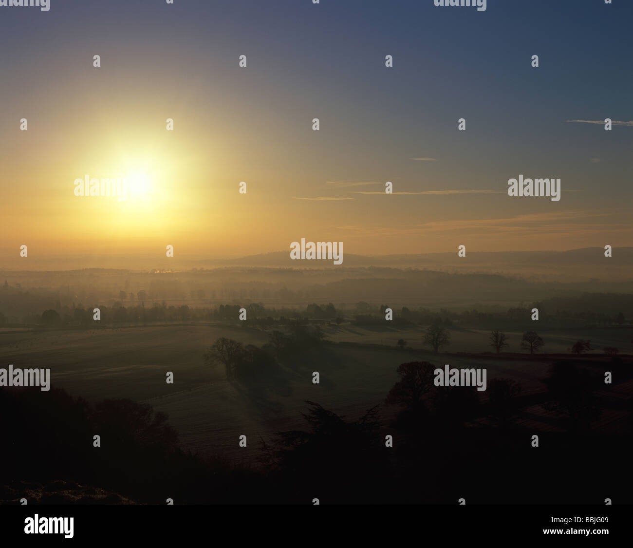Winter frost and mist in the stunning countryside of Shropshire. View ...