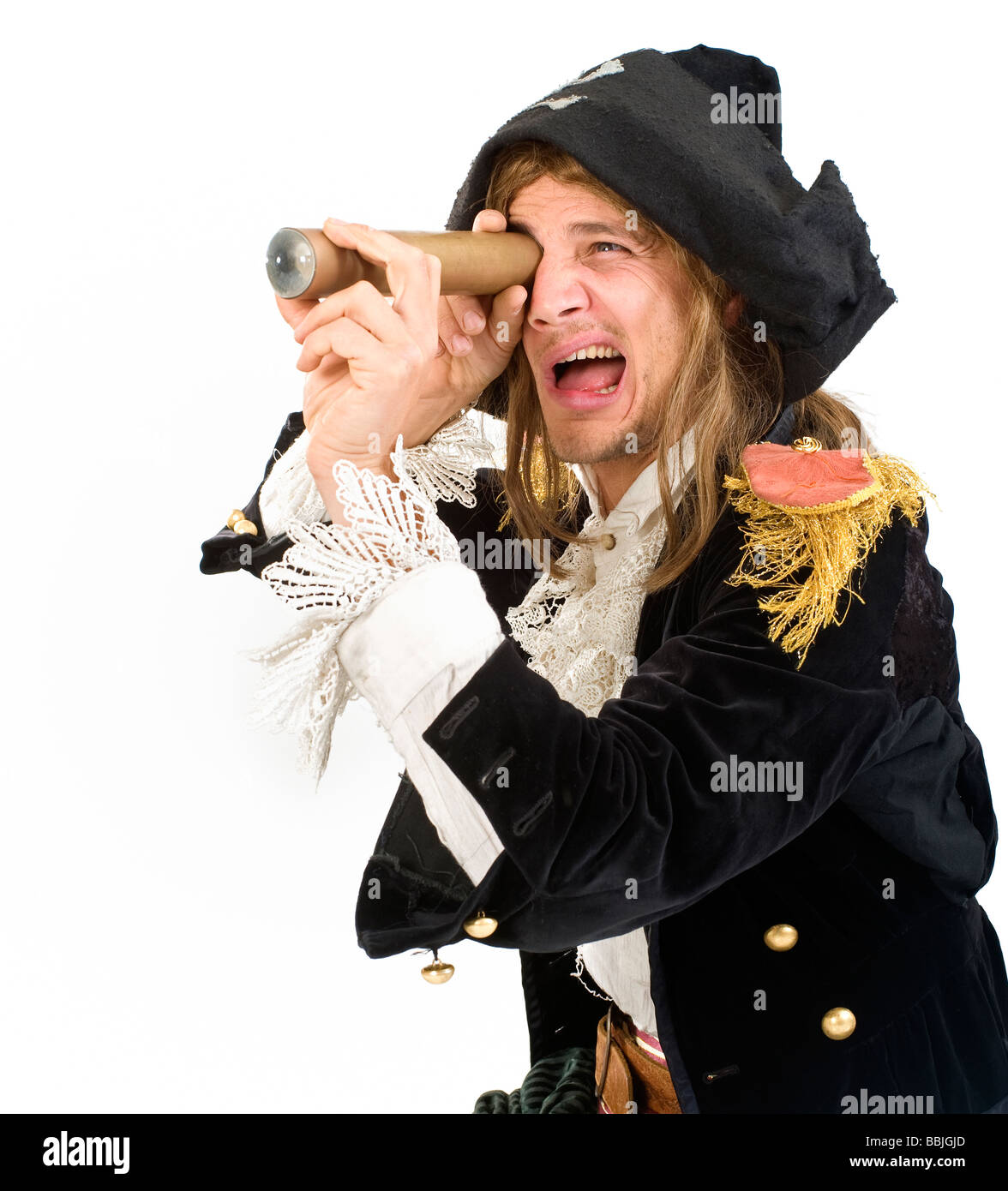pirate looking at monoscope isolated on white Stock Photo - Alamy