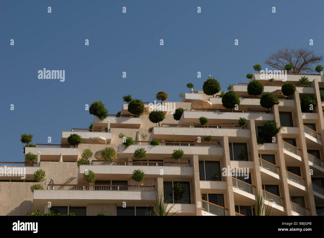 Trees decorating balconies of a luxurious hotel in Eilat Southern ...