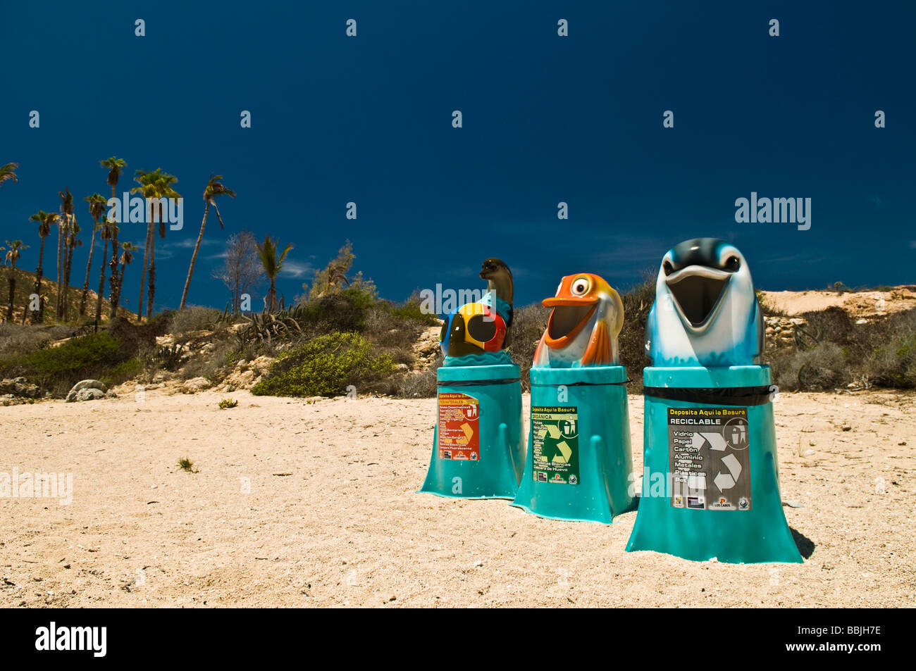 Recycling bins, Chileno Beach, San Jose del Cabo, California Sur ...