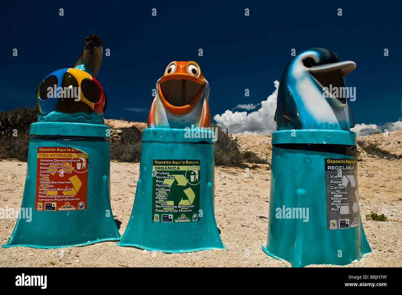Recycling bins, Chileno Beach, San Jose del Cabo, California Sur ...