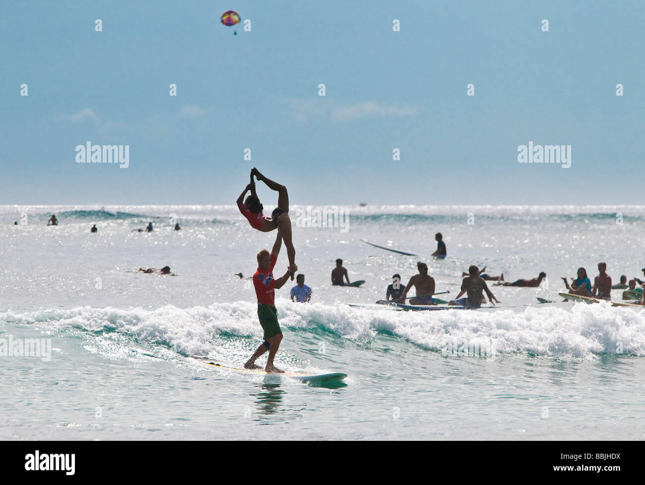Couple tandem surfing, Waikiki Beach, Honolulu, Oahu, Hawaii Stock ...