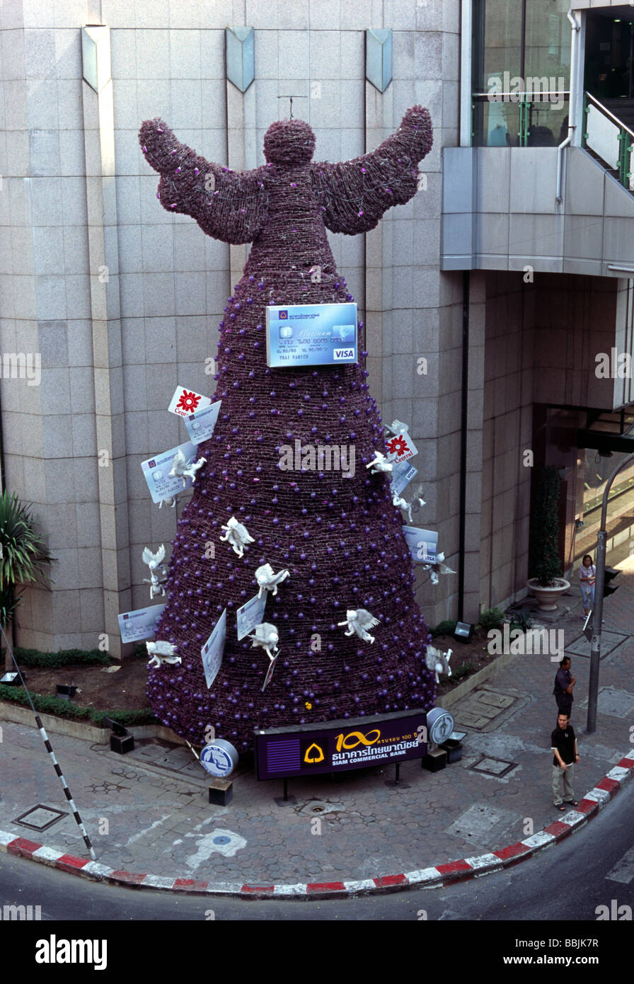 Christmas tree in Bangkok Thailand. Sponsored by a bank it is decorated ...