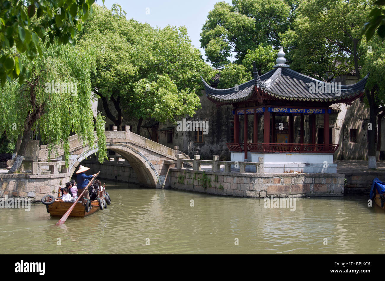 Tourist being rowed under stone bridge on the canal at the ancient ...