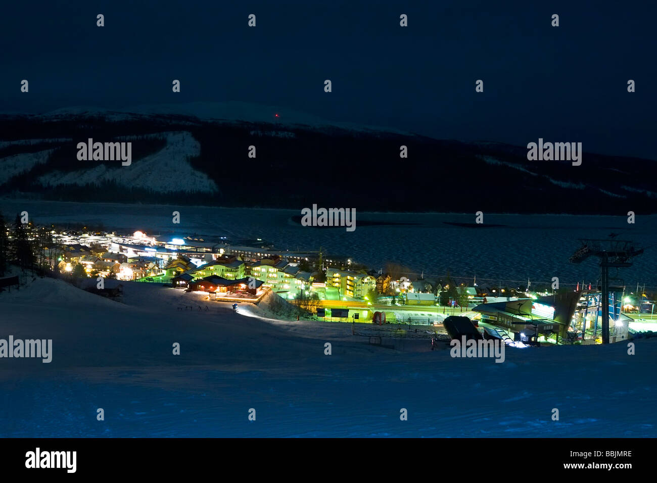 lights of ski resort at night aerial view Stock Photo - Alamy